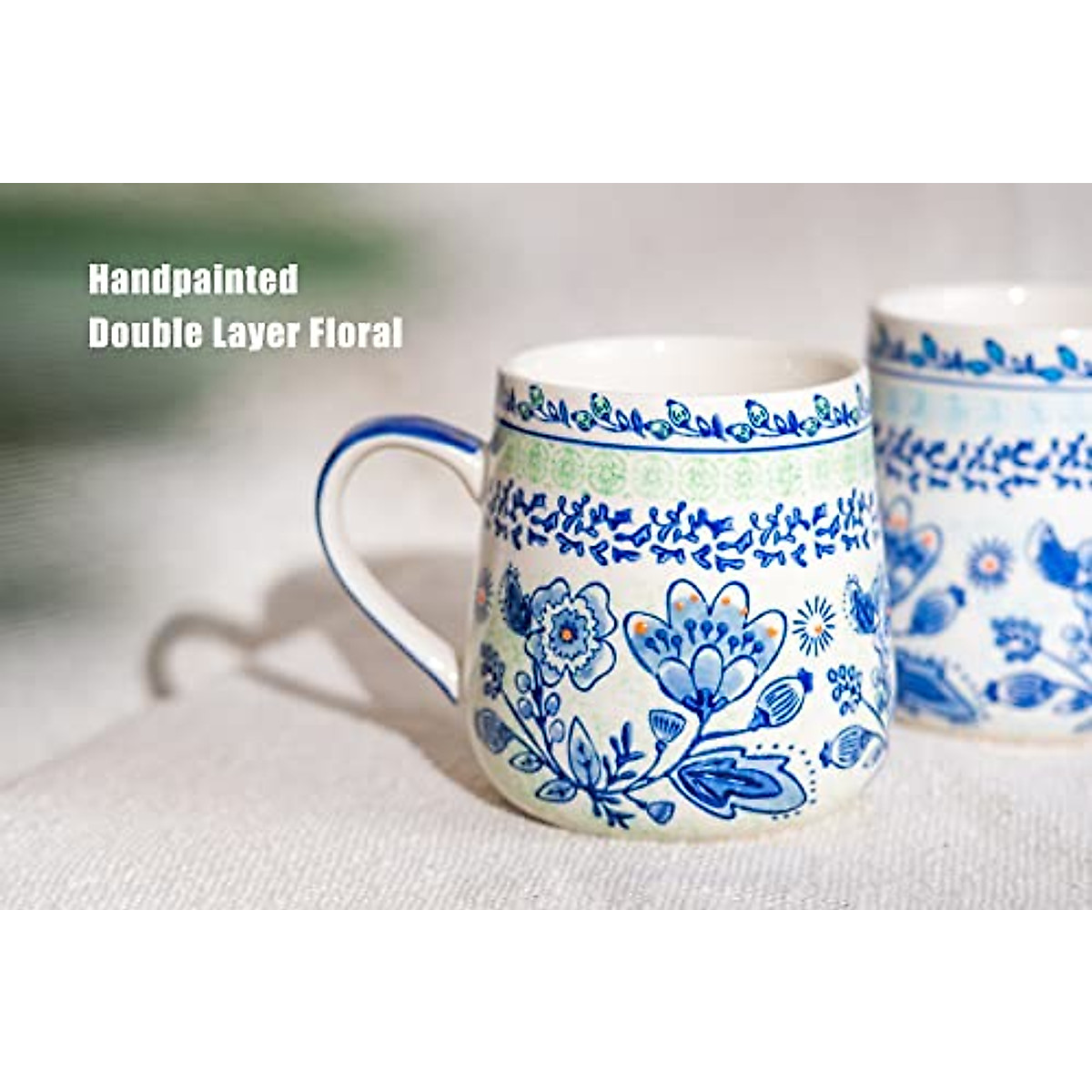 Taimei Teatime Coffee Mug with Lid, Set of 2, 16.5 oz, Ceramic Coffee Mugs with Handpainted Floral Pattern, Mugs Gift Set for Tea Lover, Woman and Couple, Microwave and Dishwasher Safe