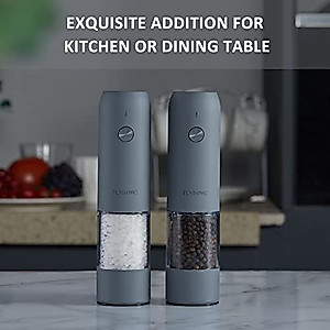 Electric Salt and Pepper Grinder Set with USB Rechargeable, Automatic One Hand Operation with Adjustable Coarseness, Pepper Mill Grinder Refillable with LED Light, Kitchen Gadgets (2 Packs, Blue-Grey)