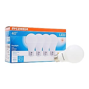 SYLVANIA LED Light Bulb, 40W Equivalent A19, Efficient 6W, Medium Base, Frosted Finish, 450 Lumens, Daylight - 4 Pack (74084)