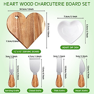 Irenare 6 Pcs Heart Shaped Charcuterie Board and Serving Set 12 x 10 x 0.6 Inch Acacia Wood Heart Shaped Cutting Board Cheese Serving Platter Heart Shaped Plates Ceramic Heart Bowl Cheese Knife Set