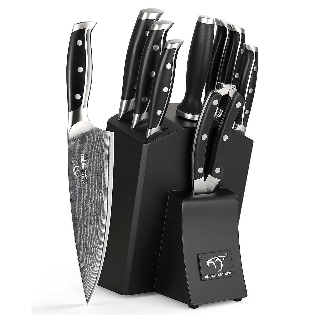 Damascus Kitchen Knife Set with Block, Razor Sharp 67-Layer VG10 Steel and Triple Rivet Handle, Included Chef/Santoku/Utility/Bread/Paring Knives, Sharpener, Kitchen Shears-Natural Wooden Block, 9Pcs