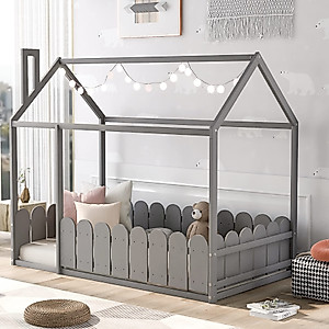 Harper & Bright Designs House Bed for Kids, Full Size Bed with Roof and Fence, Wood Bed Frame for Kids, Teens, Girls & Boys, Easy Assembly (Gray)