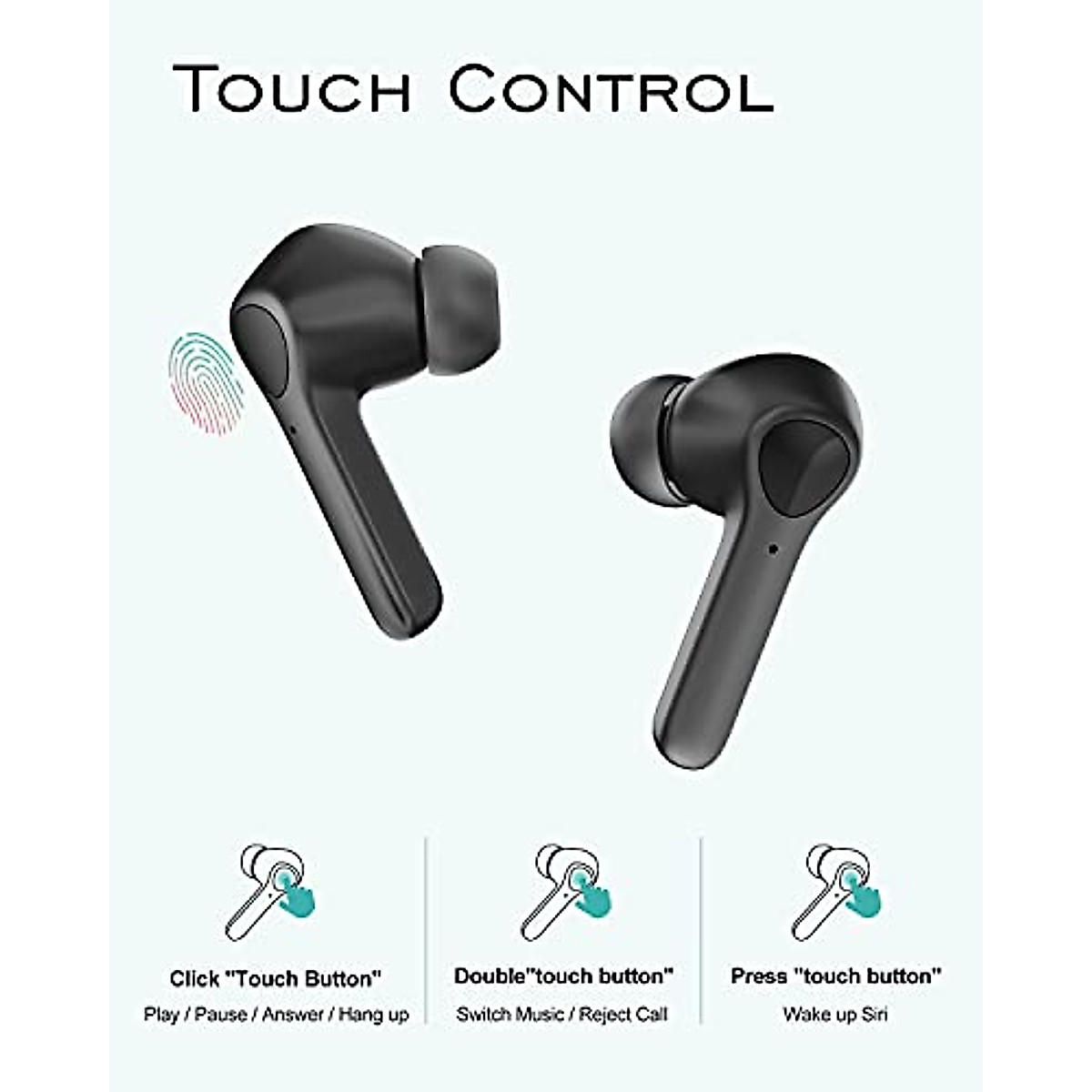 Wireless Earbuds, GRV T5 Bluetooth 5.0 Earbuds with Microphone 34H Playtime Touch Control Clear Call IPX7 Waterproof, Earbud & in-Ear Headphones for Sports (Black)