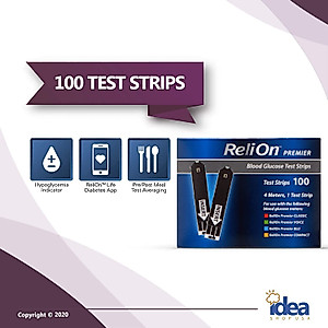 Reli On Premier Blood Glucose Testing Strips | Glucose Test Strips | Test Strips for Diabetes | Blood Sugar Strips | Diabetic Test Strips | Relion Premier Test Strips 100 Count 1 Pack + B. Idea Guide