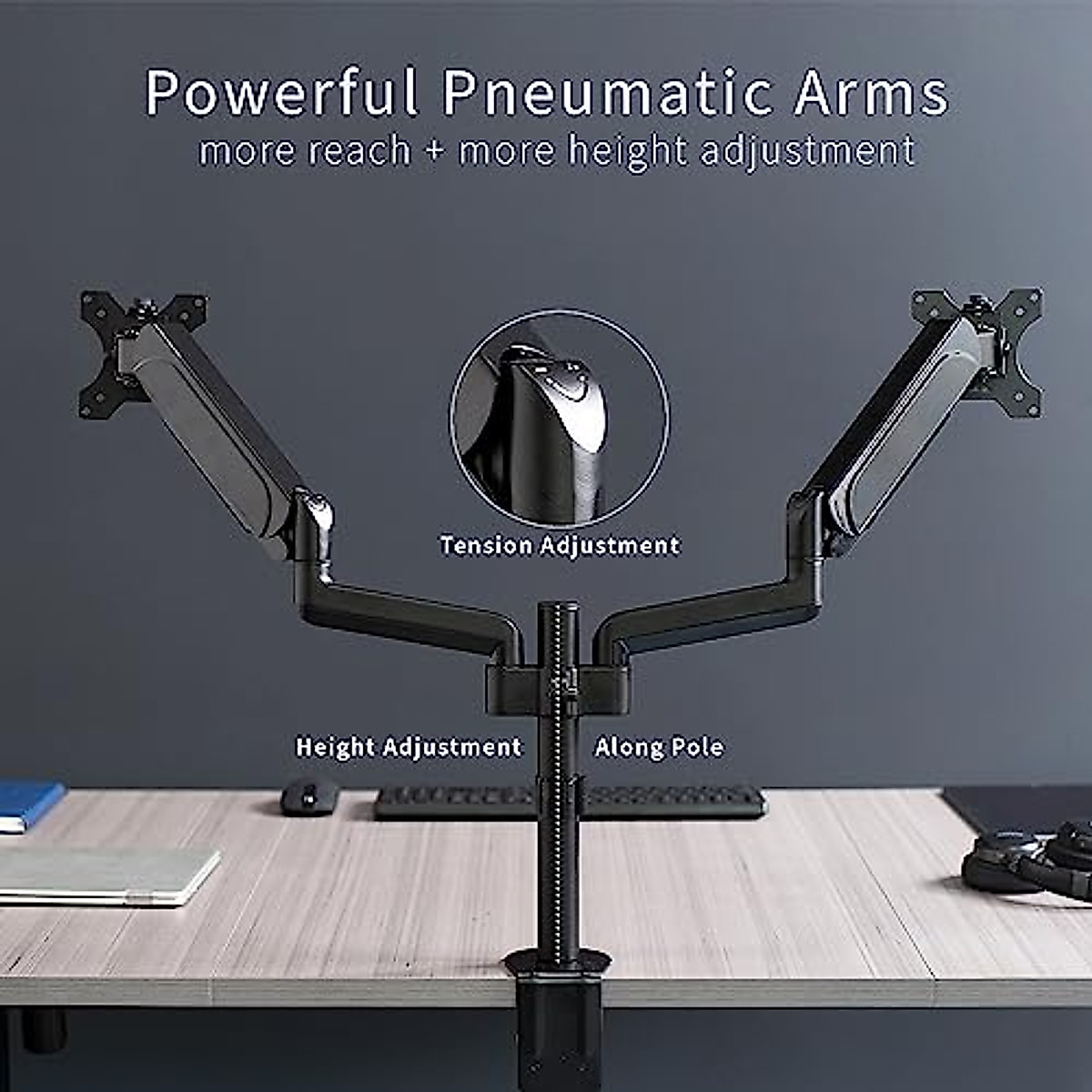 VIVO Dual Monitor Arm Mount for 17 to 32 inch Screens - Pneumatic Height Adjustment, Full Articulating Tilt, Swivel, Heavy Duty VESA Stand with Desk C-clamp and Grommet Option STAND-V002K