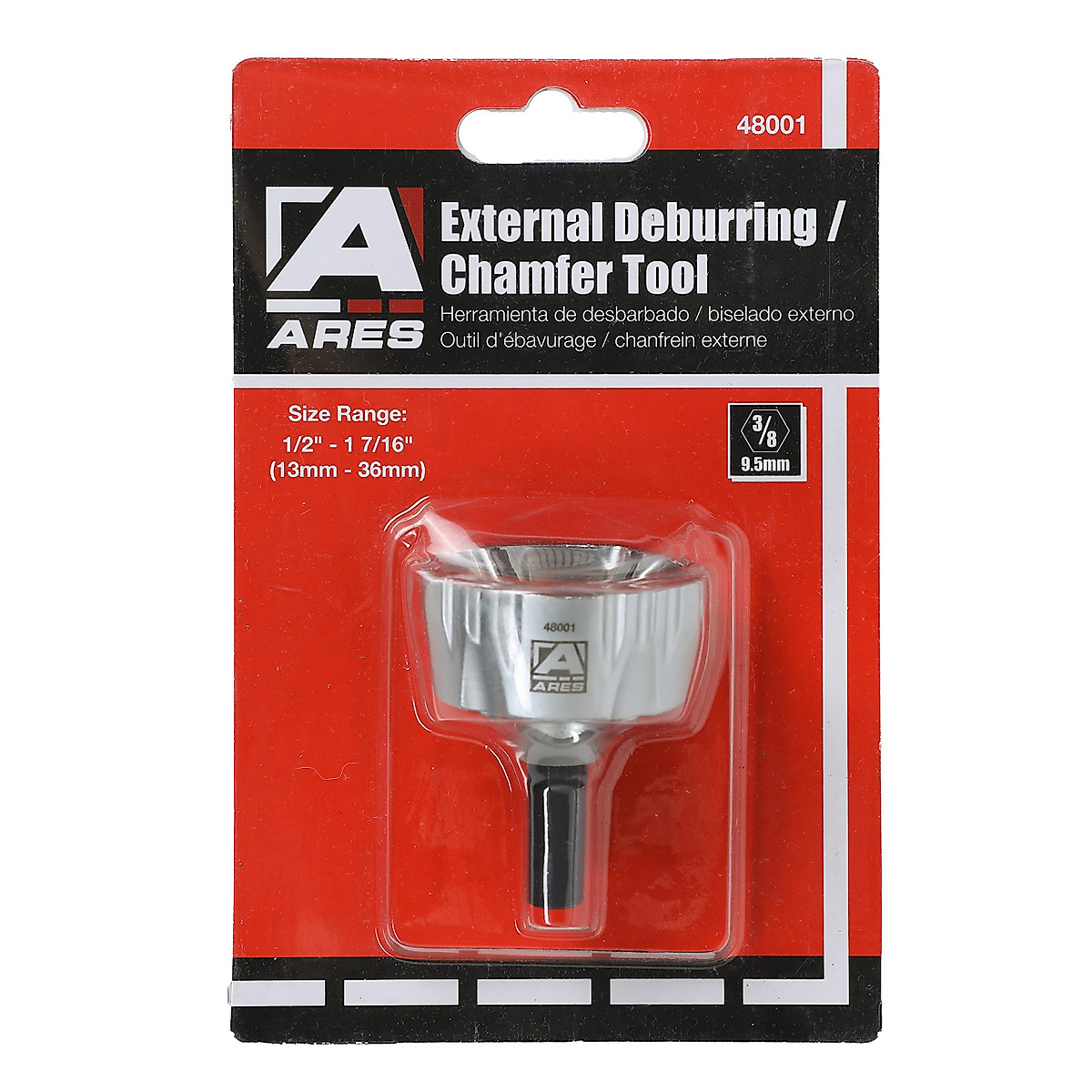 ARES 48001 – External Rotary Deburring & Chamfer Tool (13-36mm) – 3/8-Inch Shank for Use with Drill or Hex Driver - Clean and Repair Threaded Fasteners, Studs, and Bolts