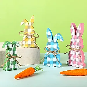 4 Pcs Easter Table Wooden Signs Bunny Shaped Freestanding Centerpiece Signs Buffalo Plaid Tiered Tray Wood Easter Bunnies Reversible Double Printed Bunny Table Decor with Jute Rope for Easter Party