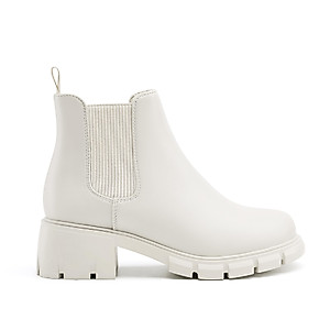 Athlefit Girls Ankle Boots Kids Comfortable Slip on Lug Sole Chelsea Booties for Toddler Little Kid Big Kid Beige Size 5