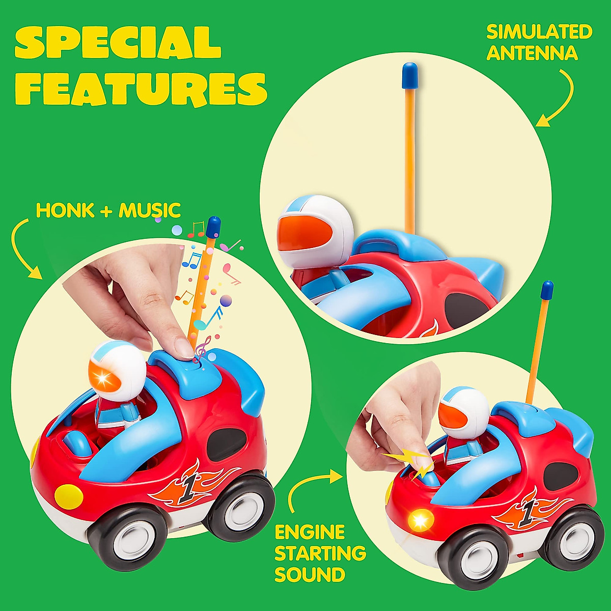 JOYIN 2 Pack Cartoon Remote Control Car, RC Cars with Music & Sound, Treasure Box and Prize for Classroom, Toy for Baby, Toddler, Easter Basket Stuffers and Christmas Birthday Gift for Kids