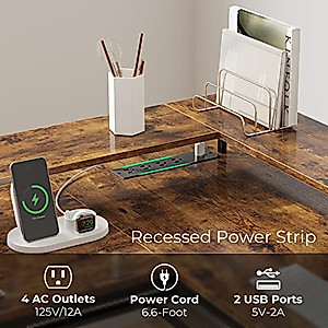 Huuger L Shaped Desk Computer Desk with LED Lights & Power Outlets, Gaming Desk with Storage Shelves, Corner Desk Home Office Desk, Rustic Brown