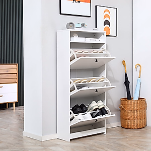 HOMCOM Slim Shoe Cabinet, Trendy Shoe Storage Cabinet with 3 Large Fold-Out Drawers & a Spacious Top Surface for Small Items, White