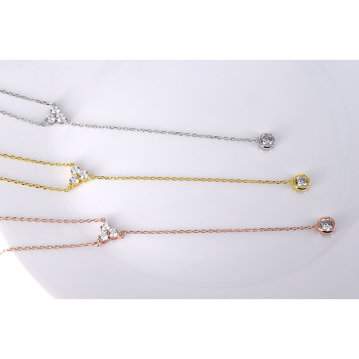 espere Womens Sterling Silver Dainty CZ Lariat Necklace Triple CZ Cluster Y-Shaped Necklace Platinum Plated