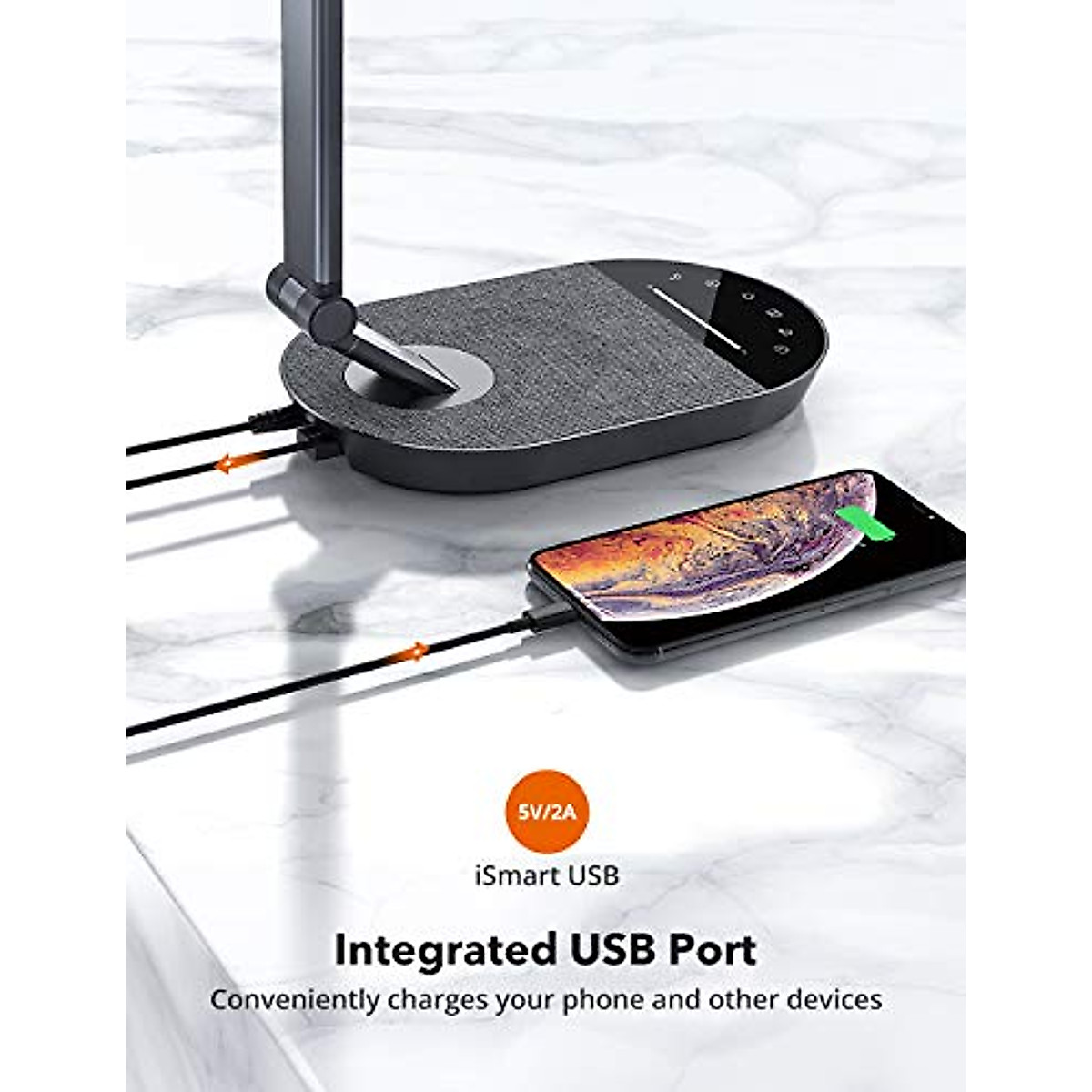 Metal LED Desk Lamp, Workbench Office Light with 5V/2A USB Port, Eye-Caring Architect Desk Lamps for Home Office, 5 Color Modes & 6 Brightness Levels, Touch Control (Light Grey)