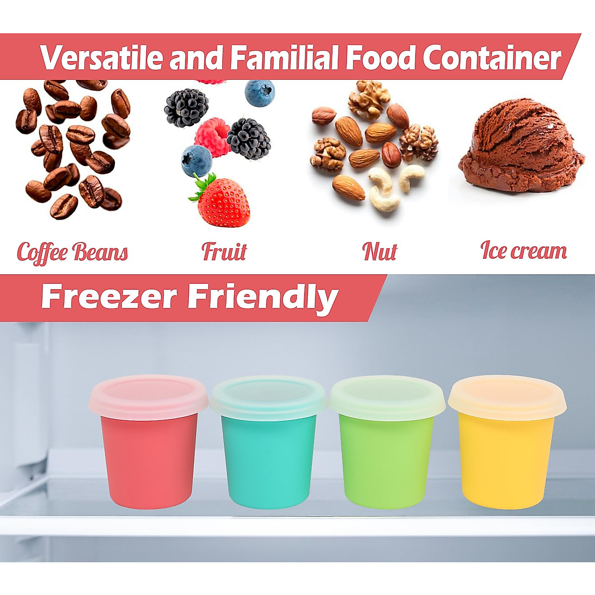 Koluti Nonstick Silicone Ice Cream Containers 6oz with Lids, 4-Pack Reusable Small Homemade Oats Yogurt Freezer Container, Leak-proof Mini Food Storage Serving Cups, BPA Free and Dishwasher Safe