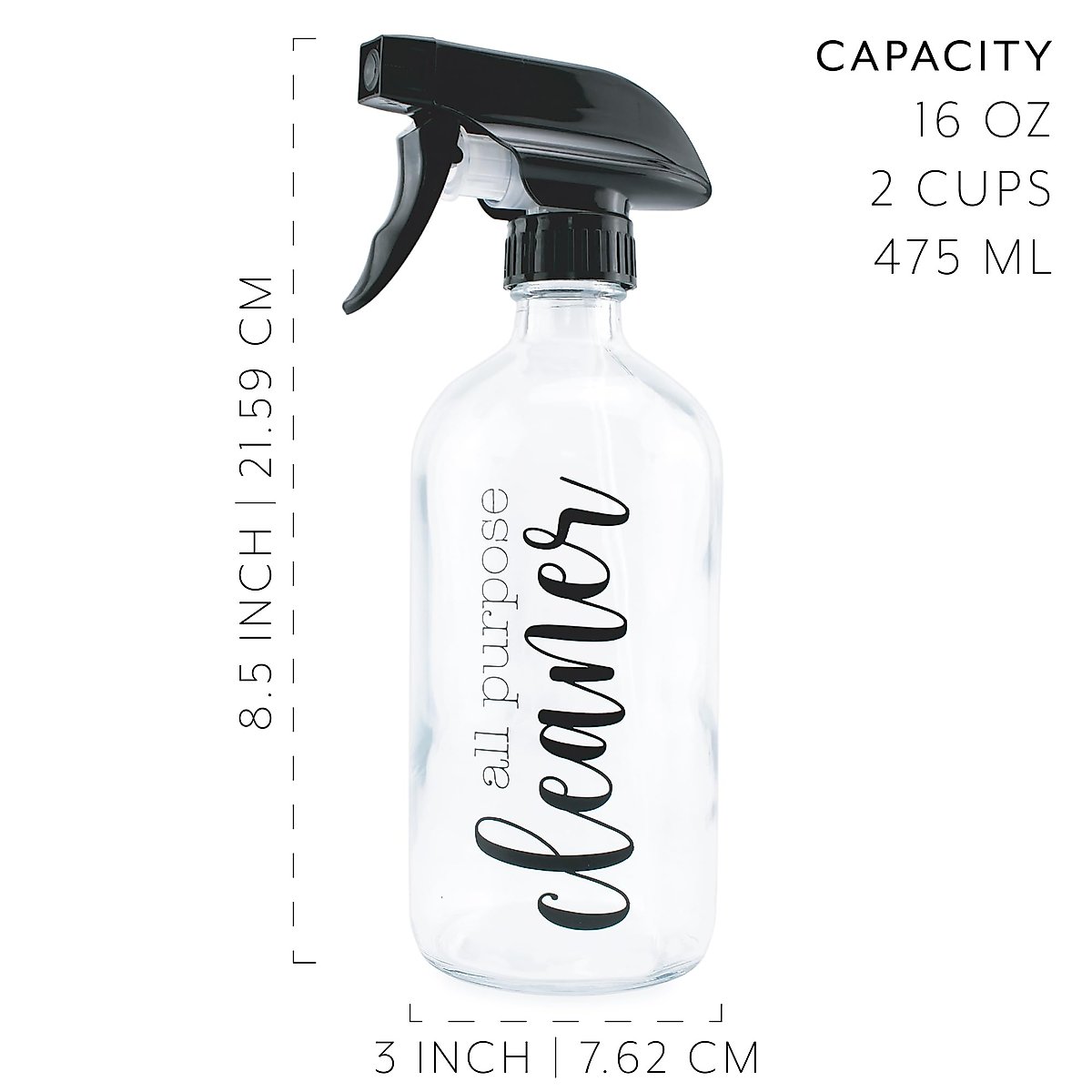 Cornucopia Brands Cleaning Spray Bottles Set, Glass (Set of 4, 16-Ounce); Refillable Trigger Sprayers w/Mist/Stream Settings and Farmhouse Script