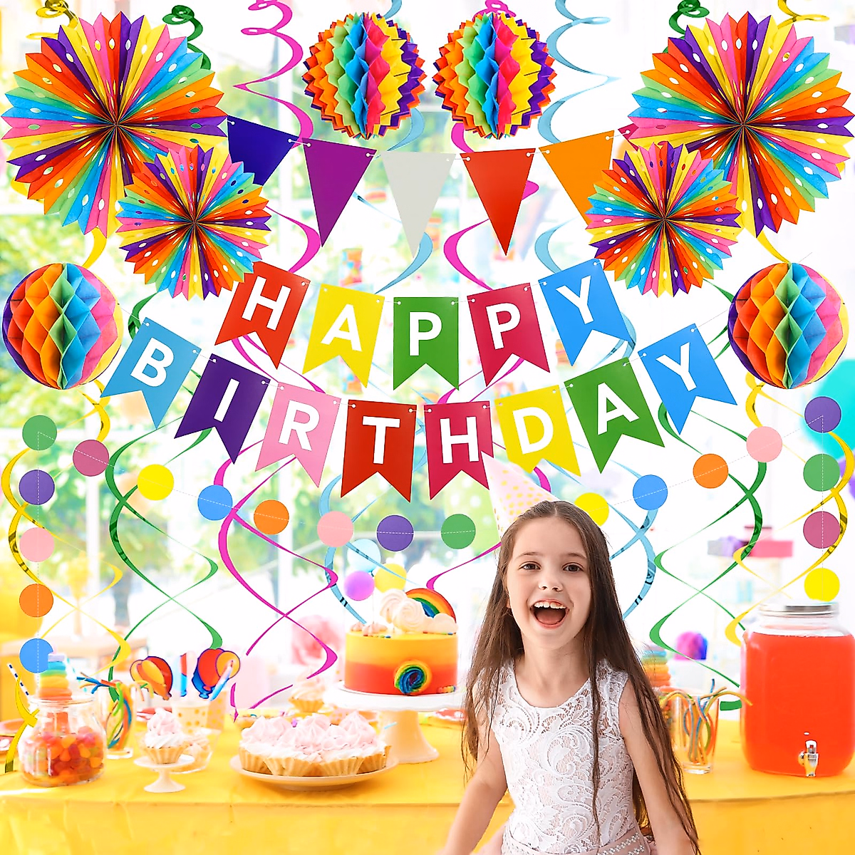 PatiCool Happy Birthday Party Decorations Pack with Rainbow Happy Birthday Banner, Honeycomb Balls, Circle Dot Garland, Paper Bunting Banner, Paper Fans and Hanging Swirls Streamers