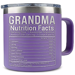 Hyturtle Grandma Nutritional Facts Coffee Purple Mug/Tumbler 14oz Gift For Women, Mothers Day Gifts For Grandma From Granddaughter, Grandson, Kids - Birthday, Christmas Gift Ideas For Grandma