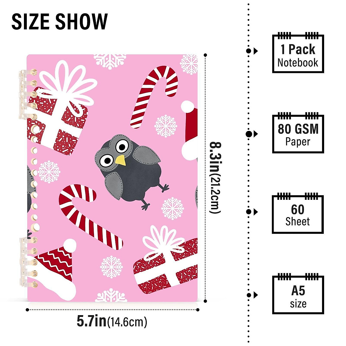 SPRIPORT Christmas Owls Pink Spiral Journal Notebook for Women Men A5 Memo Notepad Sketchbook with Durable Hardcover & 60 Pages Writing Journal for Journaling Boys Grils Study Notes Work School