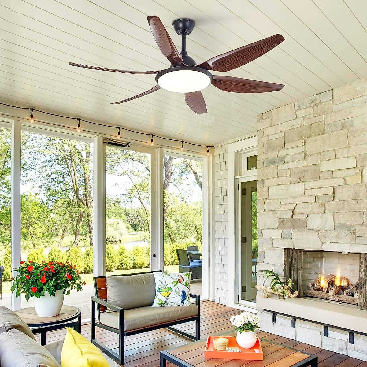 GDLT Farmhouse Ceiling Fan Chandelier, 56" Rustic Brown Ceiling Fan Light with Reversible Motor, with Remote Vintage 6 Blades Ceiling Fan Chandelier for Patio, Living Room, Dining Room