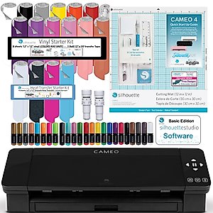 Silhouette Cameo 4 Black Bundle with Vinyl Starter Kit, Heat Transfer Starter Kit, 2 Autoblade-2, CrafterCuts Vinyl Tool Kit, 120 Designs, and Access to Ebooks, Tutorials, Classes.