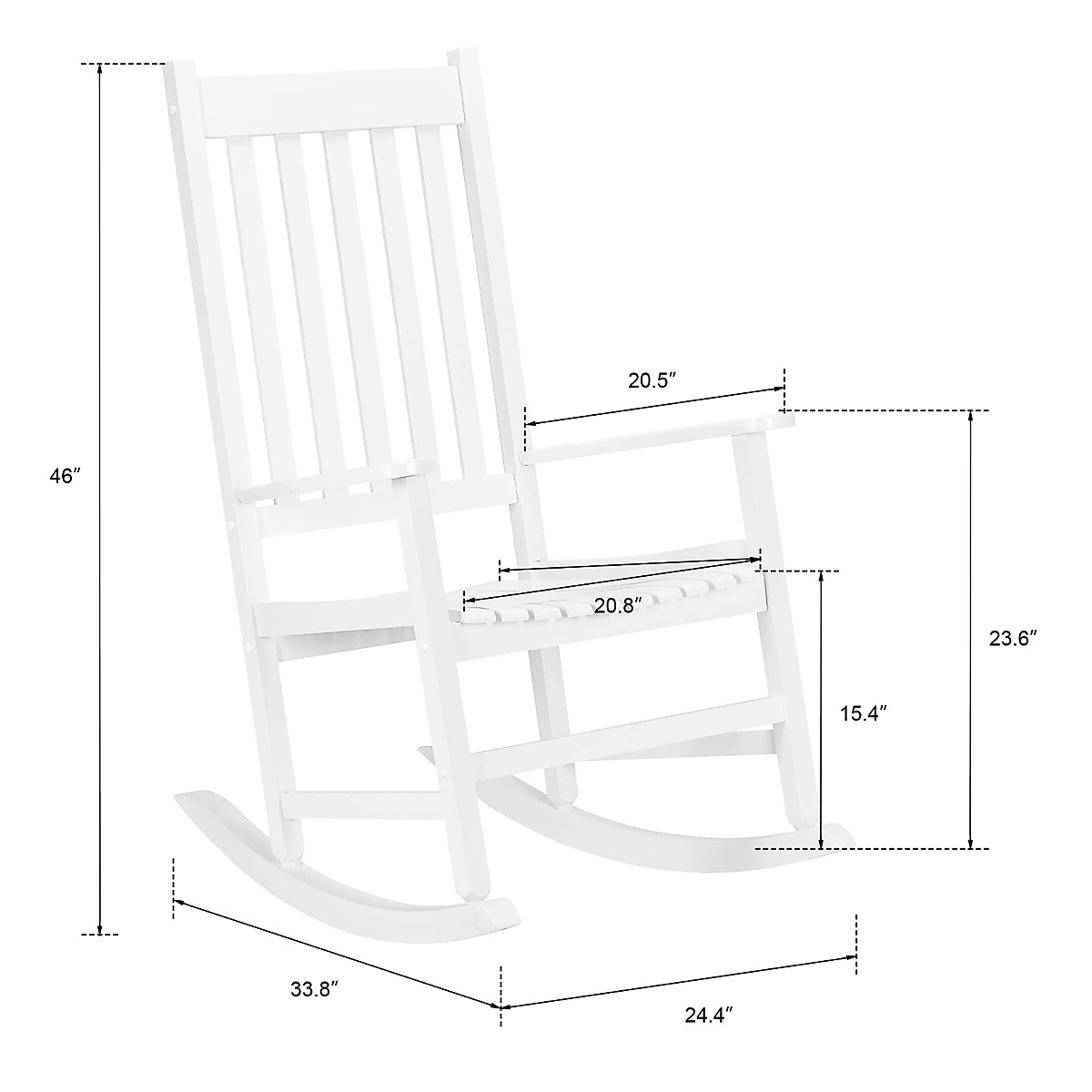 Wooden Rocking Chair - Indoor Outdoor Rocking Chair with Slatted Seat and Backrest - Nursery Rocking Chair with High Back Seat - Smooth Rocker Chair for Patio, Deck, Garden, Lawn, Porch - White