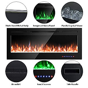 COSTWAY 50-Inch Electric Fireplace, 750W/1500W Wall Recessed and Mounted Fireplace Insert with Remote Control, 9 Flame Colors, 5 Brightness Settings, 8 H Timer, Fireplace Heater for Indoor Use