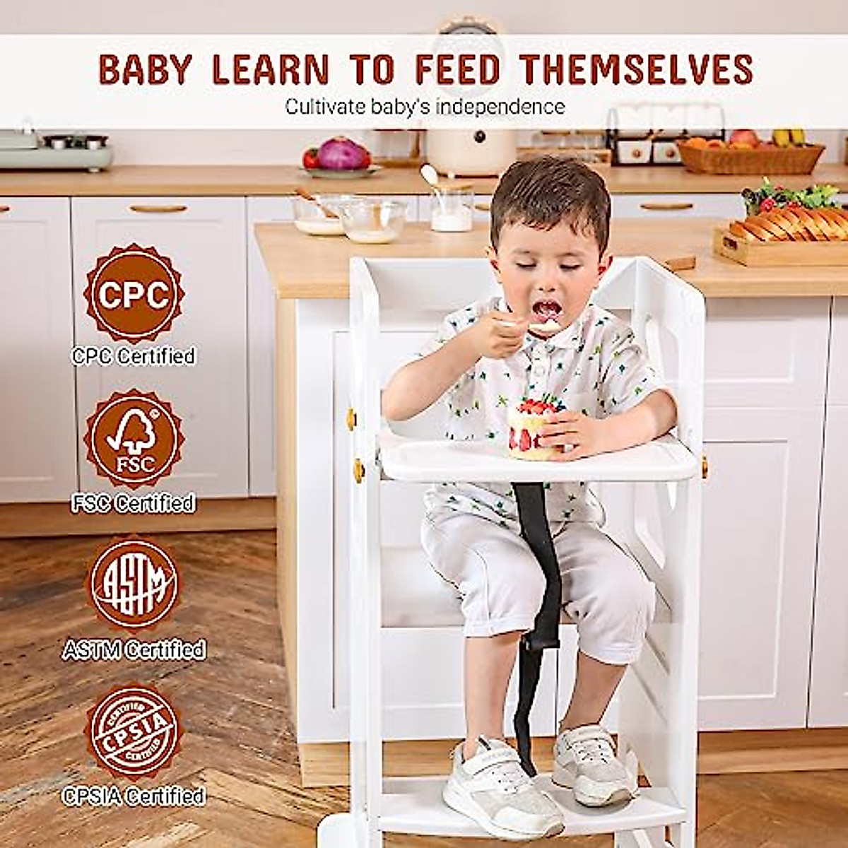 Rendpas Toddler Step Stool With Meal Tray, Wooden Kids Learning Tower For Kitchen Helper and Convertible High Chair, Adjustable Bathroom Step Stool With Safety Rail (White)