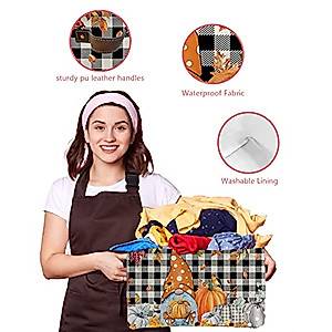 Storage Bin Foldable Storage Basket Pumpkin Gnome Thanksgiving Fall Maple Leaf,Large Storage Bins Handles Storage Baskets for Organizing,Farm Harvest Black Checker Collapsible Storage Cubes Organizer