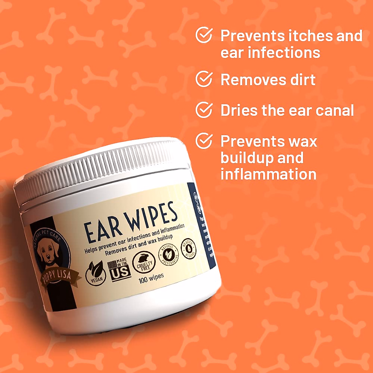 PUPPY LISA Dog Ear Cleaner Wipes - Made in The US, Alcohol Free, Non-Irritant Solution - with Aloe Vera and Witch Hazel - Ear Wipes for Dogs to Prevent Ear Infection - Pet Ear Wipes to Remove Dirt