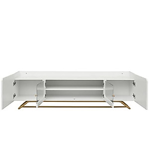 FridayParts Sleek Design 63.07" TV Stand with Fluted Glass, Contemporary Entertainment Center for TVs Up to 65", Faux Marble Top TV Console Table with Gold Frame Base, White