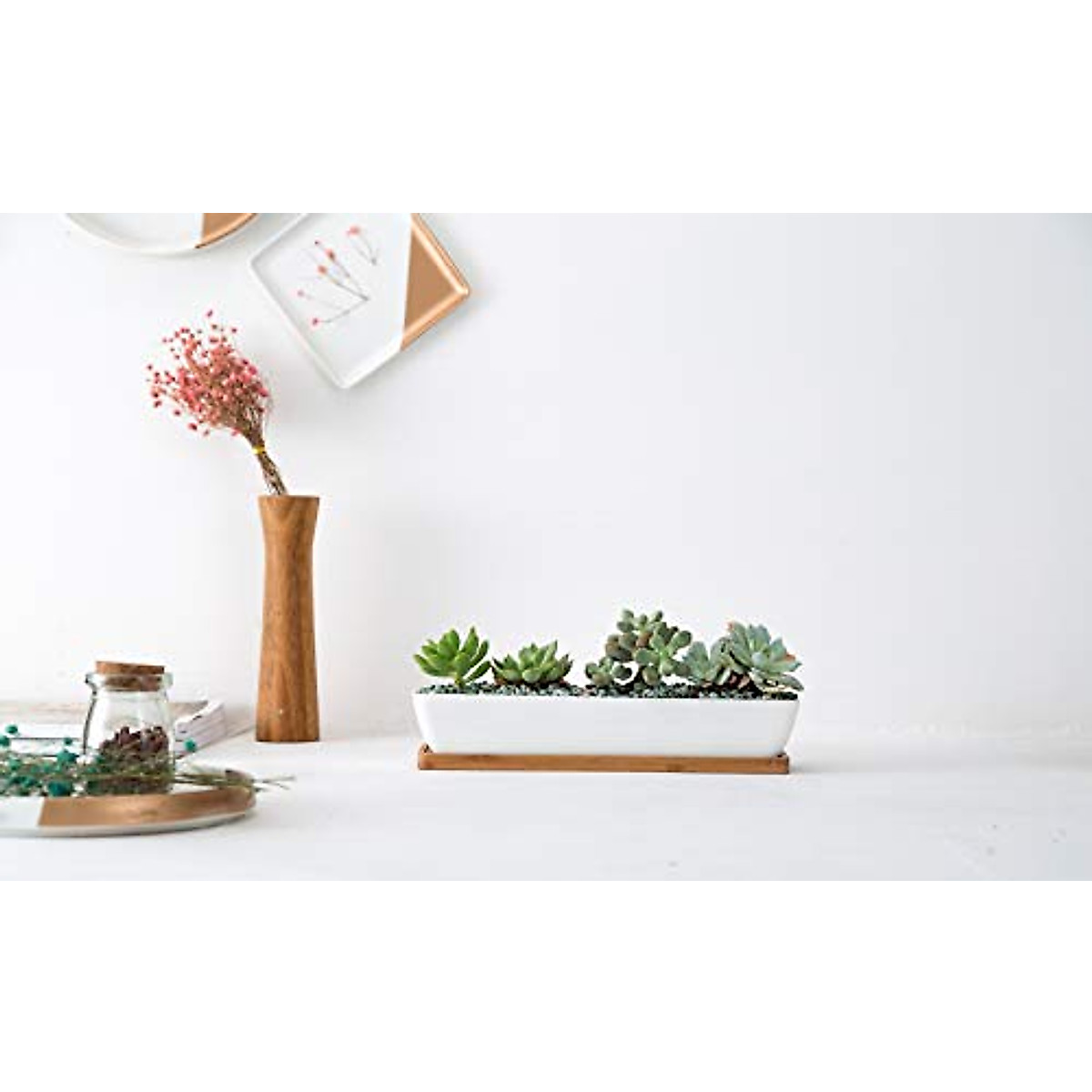 Kipokalor 11.1x2.36x1.77inch Long Rectangular Modern Minimalist White Ceramic Succulent Planter Pot with Saucer for Office,Desk,Window.