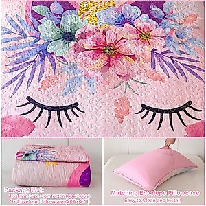 Twin Size Quilt Set for Girls 2-Piece Pink Unicorn Kids Comforter Bedding Set Stars Flowers Reversible Quilted Bedspread Coverlet Lightweight Bed Sheet Set Cover Throw Blanket with Pillow Sham