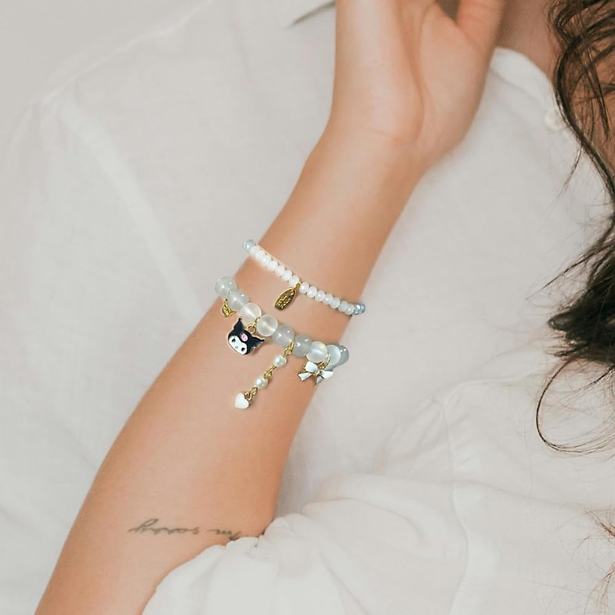 NIQIPOK kawaii Crystal Bead Bracelet Kuromi and My Melody Sanrio Bracelets for Bff Best Friend Cute Cartoon Kawaii Elastic Relationship Matching Bracelets (Gray)