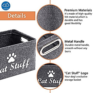 Brabtod Foldable Fabric Felt Storage Bins with Handles, Pet Supplies Storage for Bedroom, Closet, Toys, Laundry Cute Storage Baskets -gray-cat