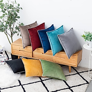 GAWAMAY 16x16 Fall Pillow Covers,Pack of 2 Decorative Cushion Pillow Cases with Chenille Edge Soft Boho Decor Aesthetic Pillows for Living Room Sofa Couch Beding Green Velvet Euro Pillow (40x40cm)