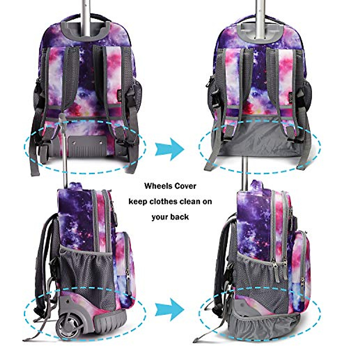 Tilami Rolling Backpack 19 inch with Lunch Bag Wheeled Laptop Backpack, Galaxy Purple