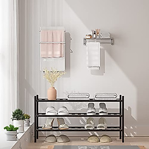 RONGJIA 3-Tier Natural Bamboo Shoe Rack - Stackable Storage Shelf with Multi-Function Combinations - Free Standing Shoe Racks for Convenient Shoe Organization（Black） 11" D x 27" W x 20" H