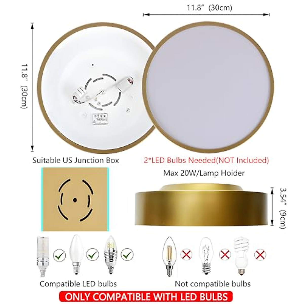 erpymi Modern Gold Flush Mount Ceiling Light, 2-Lights Round Ceiling Light, Minimalistic Ceiling Lamp Acrylic Shade Lighting Fixture for Bedroom Laundry Room Bathroom Hallway(11.8 Inch)