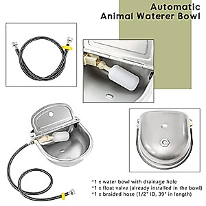 NATGAI Automatic Waterer Bowl with Float Valve and Braided Hose | Stainless Steel Stock Waterer Horse Cattle Goat Sheep Dog Waterer for Livestock Dog Goat Pig Waterer (with Drainage Hole)