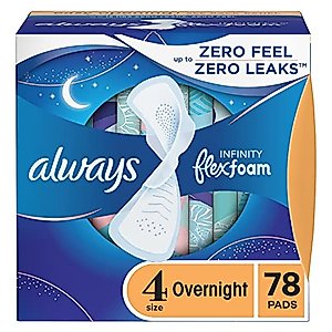 Always Infinity Feminine Pads For Women, Size 4 Overnight Absorbency, Multipack, With Flexfoam, With Wings, Unscented, 26 Count x 3 Packs (78 Count total)