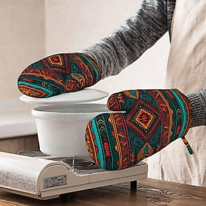 Ethnic Geometric Pattern Printed Oven Mitts Heat Resistant Oven Gloves Non-Slip Silicone Kitchen Gloves for Cooking Baking BBQ Gloves 1 Pair
