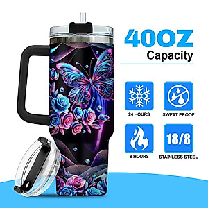 99OWL Butterfly Jewelry Angels, Tumbler 40 Oz With Handle Lid And Straw, Butterfly Gifts, Coffee Purple Navy Blue Royal Flower Light Floral Tumblers For Black Straws Glitter Women