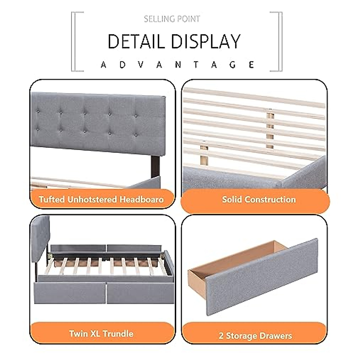 AMFSQJ Queen Size Upholstered Bed with 2 Drawer and 1 Twin Size Trundle Bed, Bedroom Platform Bed with Linen Fabric, Wooden Slat Frame, Wood Platform Bed for Teen, Adult (Light Gray)