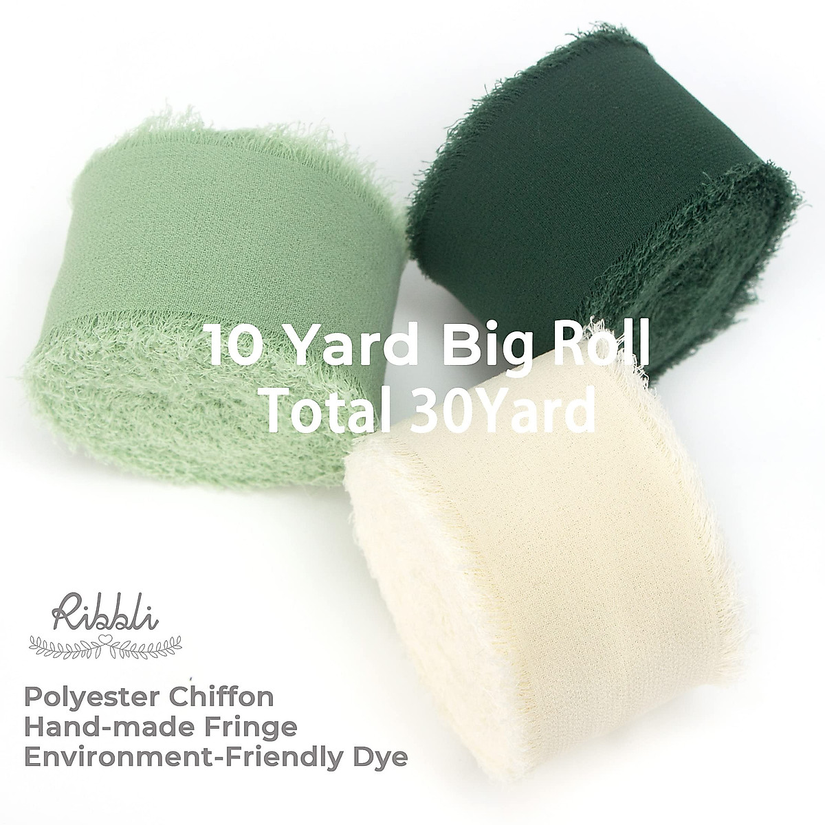 Ribbli Green Chiffon Ribbon1.5 inch x 30 Yard Handmade Silk Ribbon for Wrapping,Ivory Sage Forest Green Fringe Chiffon Ribbon for Wedding Invitations, Bridal Bouquets, Flower Arrangement Decoration