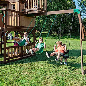 Backyard Discovery Skyfort All Cedar Swing Set, Elevated Covered Wood Roof Clubhouse with Bay Windows, 2 Belt Swings, Web Swing, 10ft Wave Slide, 5 ft Tube Slide, Covered Picnic Table, 5 ft Rock Wall