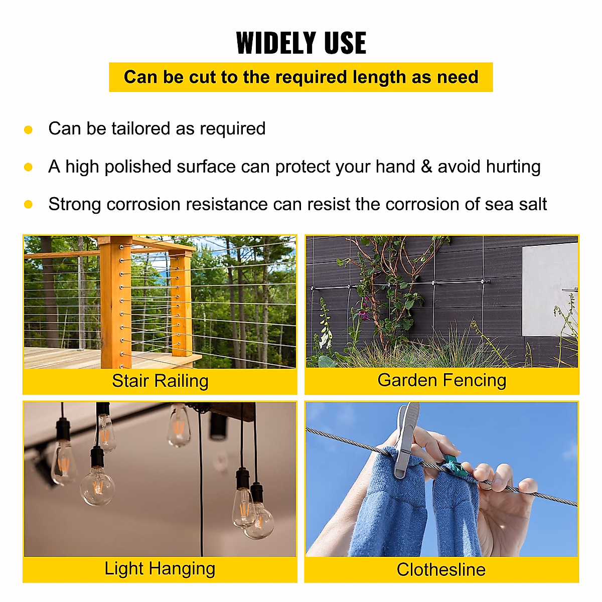 VEVOR Stainless Steel Cable Railing 1/8"x 500ft, Wire Rope 316 Marine Grade, Braided Aircraft Cable 1x19 Strands Construction for Deck Rail Balusters Stair Handrail Porch Fence