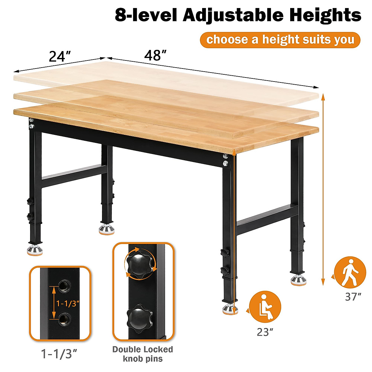 Betterhood 48" Heavy-Duty Adjustable Workbench for Garage, Rubber Wood Shop Table W/Rubber Pads, Hardwood Workstation Weight Capacity Over 2000 Lbs