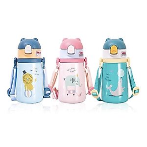 Stainless Steel Double Wall Insulated Water Bottle for kids With BPA free straw + adjustable strap (Pink)