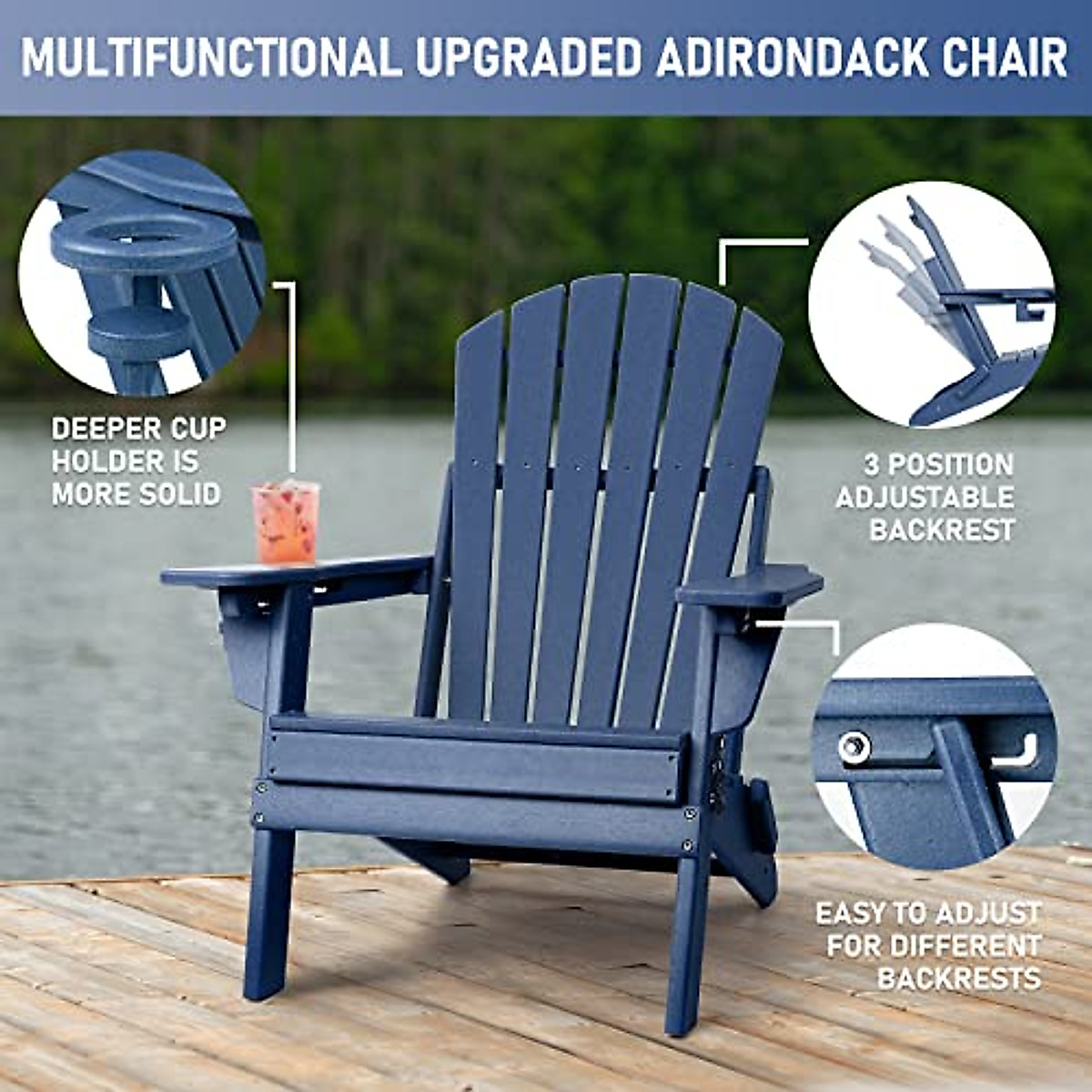FUNBERRY Plastic Adirondack Chairs,Folding Adirondack Chairs,Adjustable Backrest Adirondack Chair,Fire Pit Chairs,Resin Adirondack Chairs with Cup Holder,Composite Adirondack Chairs