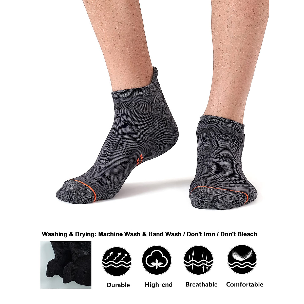 CelerSport 6 Pack Men's Running Ankle Socks with Cushion, Low Cut Athletic Sport Tab Socks, Grey, Shoe Size: 9-12